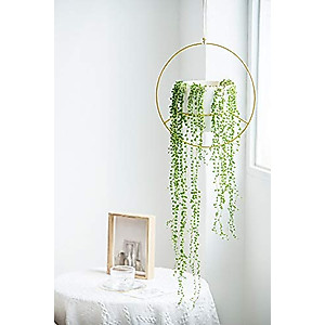 Mkono Boho Metal Hanging Planter with Plastic Pots, Set of 2 , Modern Mid Century Flower Pot Plant Holder in Diamond and Circle Shape, Fits 6 Inch , Gold