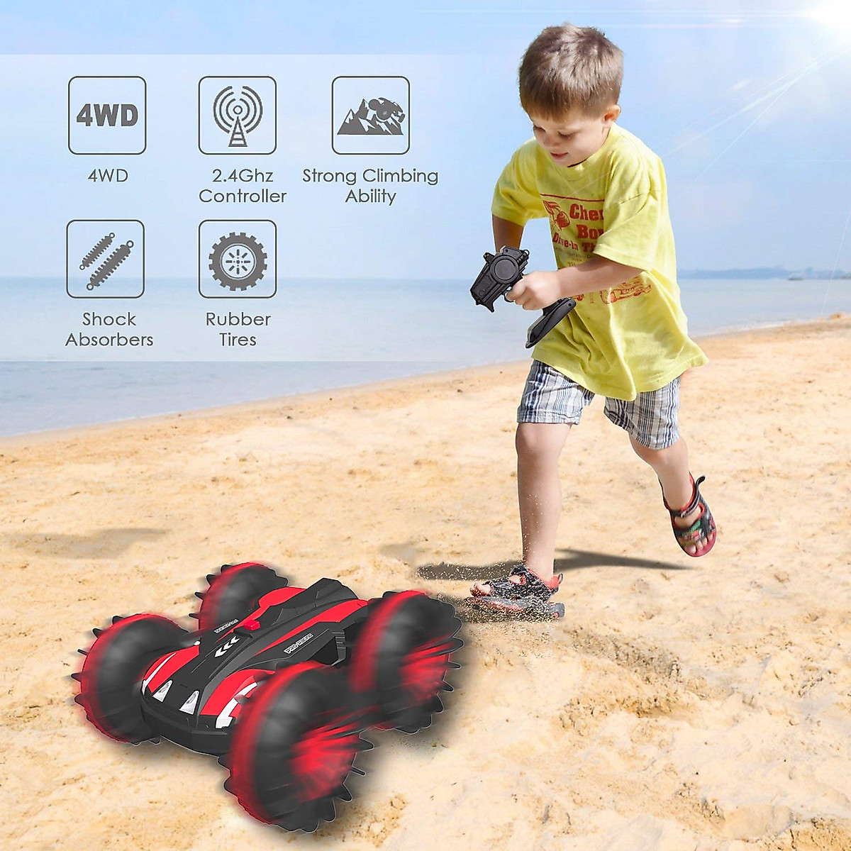 Pussan Gifts for 6-12 Year Old Boys Amphibious Remote Control Car for Kids and Adults 2.4 GHz RC Stunt Car for Boys Girls 4WD Off Road Monster Truck Gifts Remote Control Boat Summer Beach Toy SLC Red