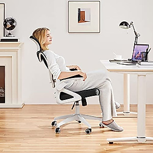 Yaheetech Ergonomic Mesh Office Chair, High Back Desk Chair with with flip-up Armrests, Adjustable Padded Headrest Computer Chair with Lumbar Support for Home Oiffce Game Room, White/Black