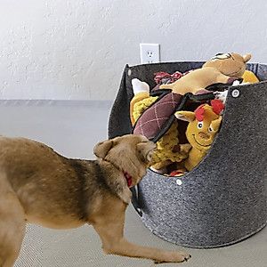 Jalousie Dog Toy Storage Basket Dog Toy Bin with Handle - Heavy Duty Thick Felt Extra Bonus Squeaky Dog Toy Included - Perfect for Organizing Pet Toys and Accessories Puppy Toy Storage for Easy Assess