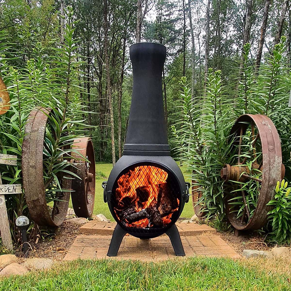 The Blue Rooster Prairie Fire Chiminea Outdoor Fireplace - Wood Burning Cast Aluminum Deck or Patio Firepit