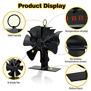BENEAIL 6-Blade Wood Stove Fan Heat Powered Non Electric Fireplace Fan for Wood Burning/Pellet/Gas Quickly Warm Air and Silent (Include Magnetic Thermometer)
