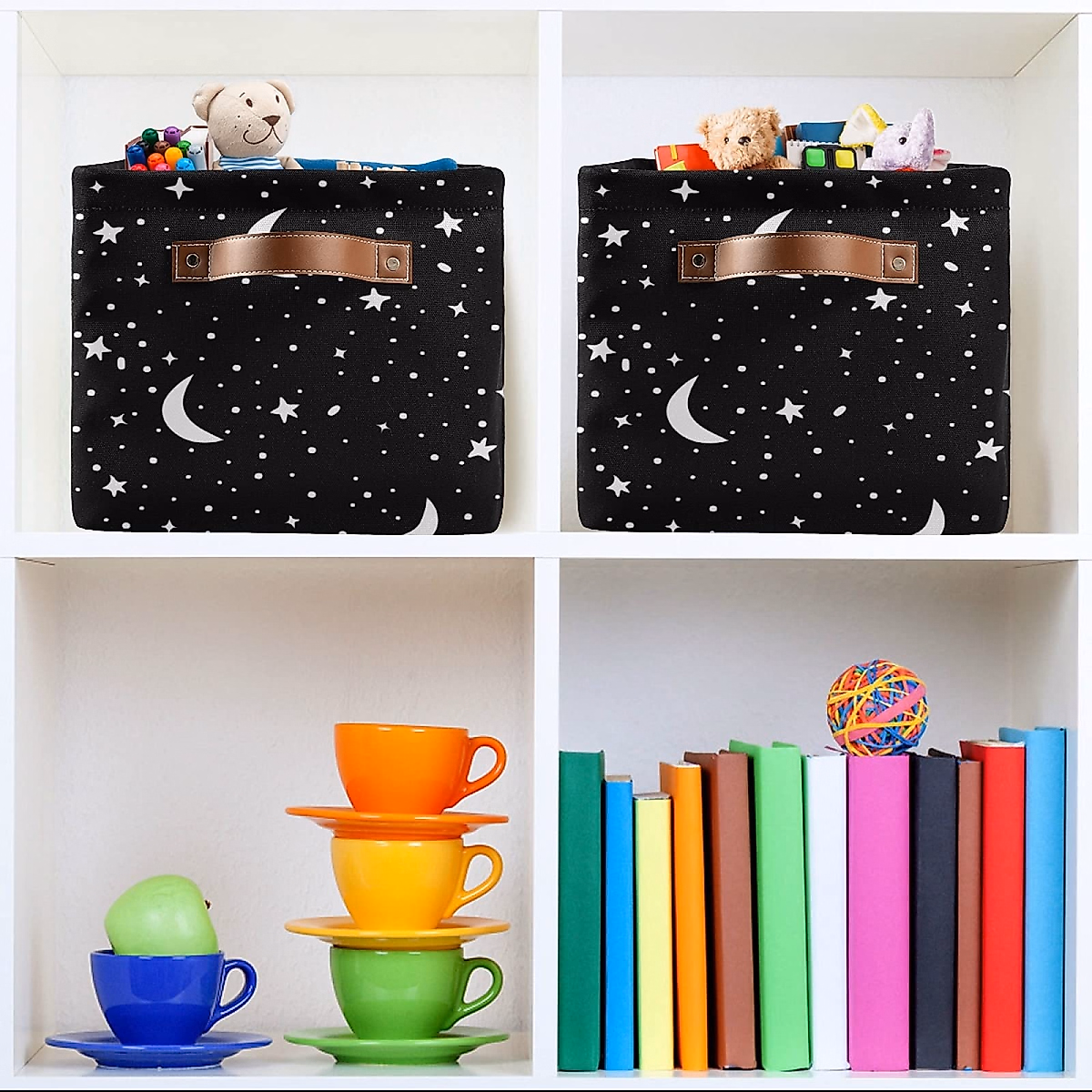 susiyo Black Space Star Moon Storage Bins 2 Pcs, 14 x 10 inch Canvas Storage Basket for Shelves Closet Organizing