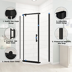 SUNNY Shower Door 36.7 in. x 71.8 in. Frameless Neo-Angle Pivot Shower Doors in Black Finish, 1/4 in. Clear Glass Corner Shower Enclosure