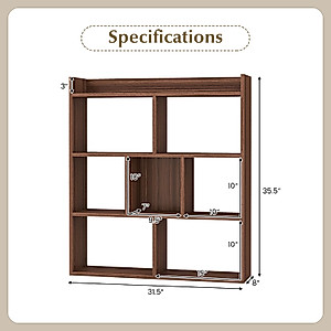 Giantex 7 Cube Bookshelf, Free-Standing Wooden Bookcase, 4 Tier Home Display Shelf, Horizontal Storage Unit w/Anti-Toppling Devices, Open-Back Display Rack for Study, Bedroom, Living Room, Walnut