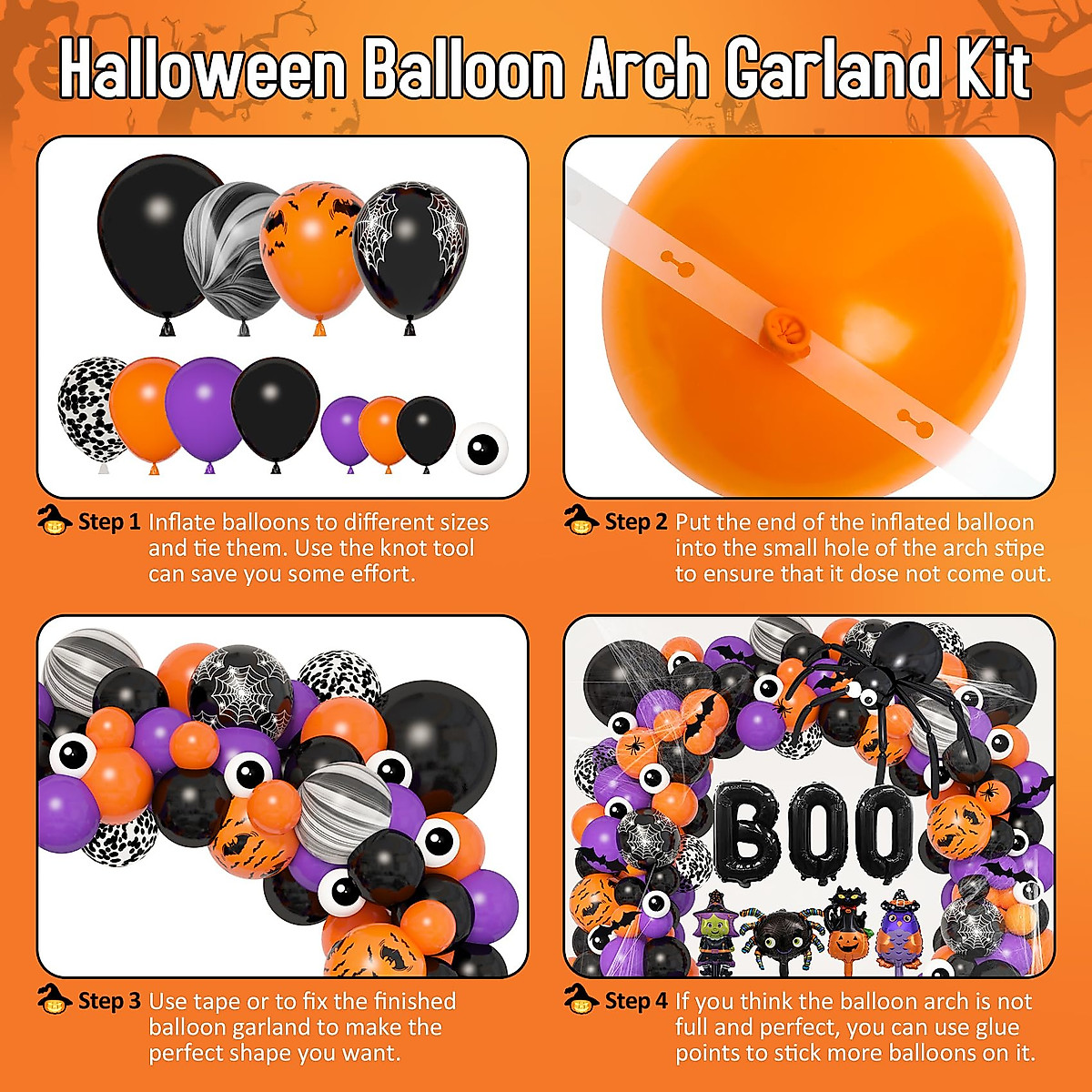 165Pcs Halloween Balloon Arch Garland Kit with Giant Spider Bat Balloon Black & White Orange Purple Confetti Halloween Foil Balloons 3D Bat Eyeballs for DIY Halloween Birthday Party Decorations