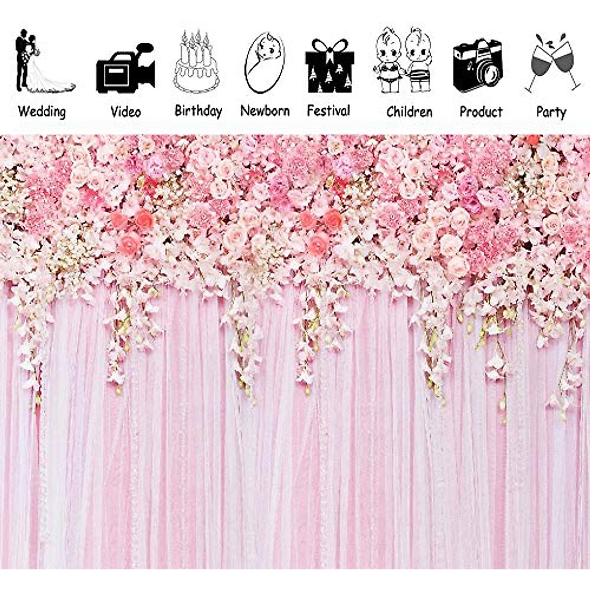 FiVan 7x5ft Pink Flower Backdrop Dessert Table Photo Booth Baby Shower Birthday Photography Background Floral Curtain DesignD-9354