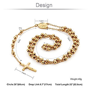 COTTVOTT Stainless Steel 6mm Beads Rosary Catholic Necklace Holy Medal & Crucifix 32inch(Golden)