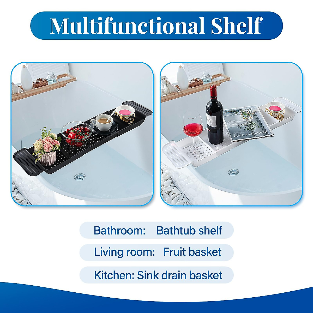 HOMEE Expandable Bathtub Caddy Tray, Plastic Drain Bath Tub Tray Table, Bath Caddy Tray for Bathtub, Adjustable Bath Shelf Tub Board Organizer Trays for Bathroom and Kitchen(White)