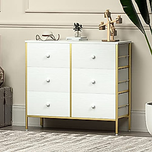 Visionwards White Dresser for Bedroom, Baby Dresser for Kids Bedroom, 6 Drawer Storage Chest,Fabric Storage Tower for Nursery Hallway Office, Wooden Top, White