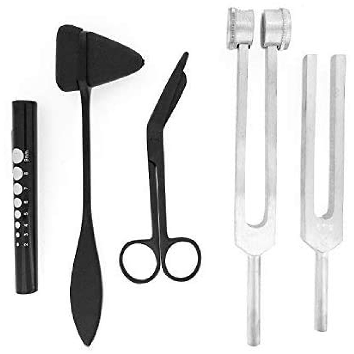 SURGICAL ONLINE Tactical Black - Set of Multi Purpose Diagnostic kit for Neurological, EMT and Eye EXAM, Reflex Percussion Taylor Hammer + Penlight + Tuning Fork C 128 C 512 + Bandage Scissors 5.5"