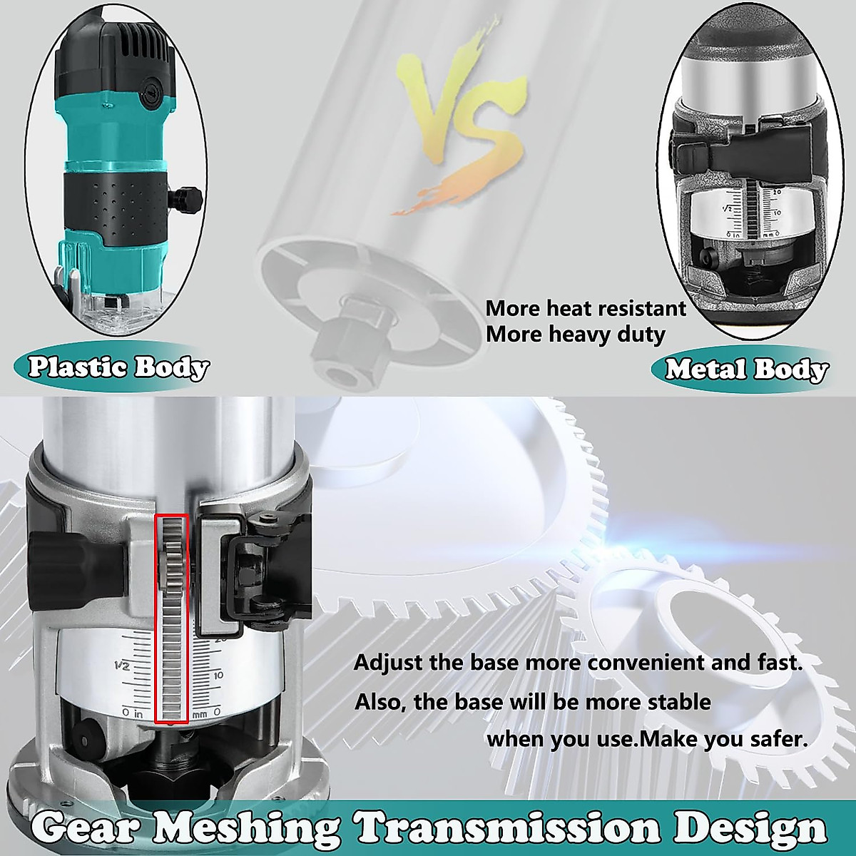 Dobetter 6.5-Amp Wood Router Tool, 1.25 HP Compact Trim Router with 6 Variable Speed, 12 Wood Router Bits, 1/4" & 3/8" Collets and Dust Hood -DBTR700