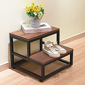 Step Stool for Adults and Kids, Wood and Metal Stepping Stool, 2 Steps with Corner Protectors, Bed Steps for High Bed, Elders and Toddler Stool for Bedroom, Bathroom, Kitchen (Brown)