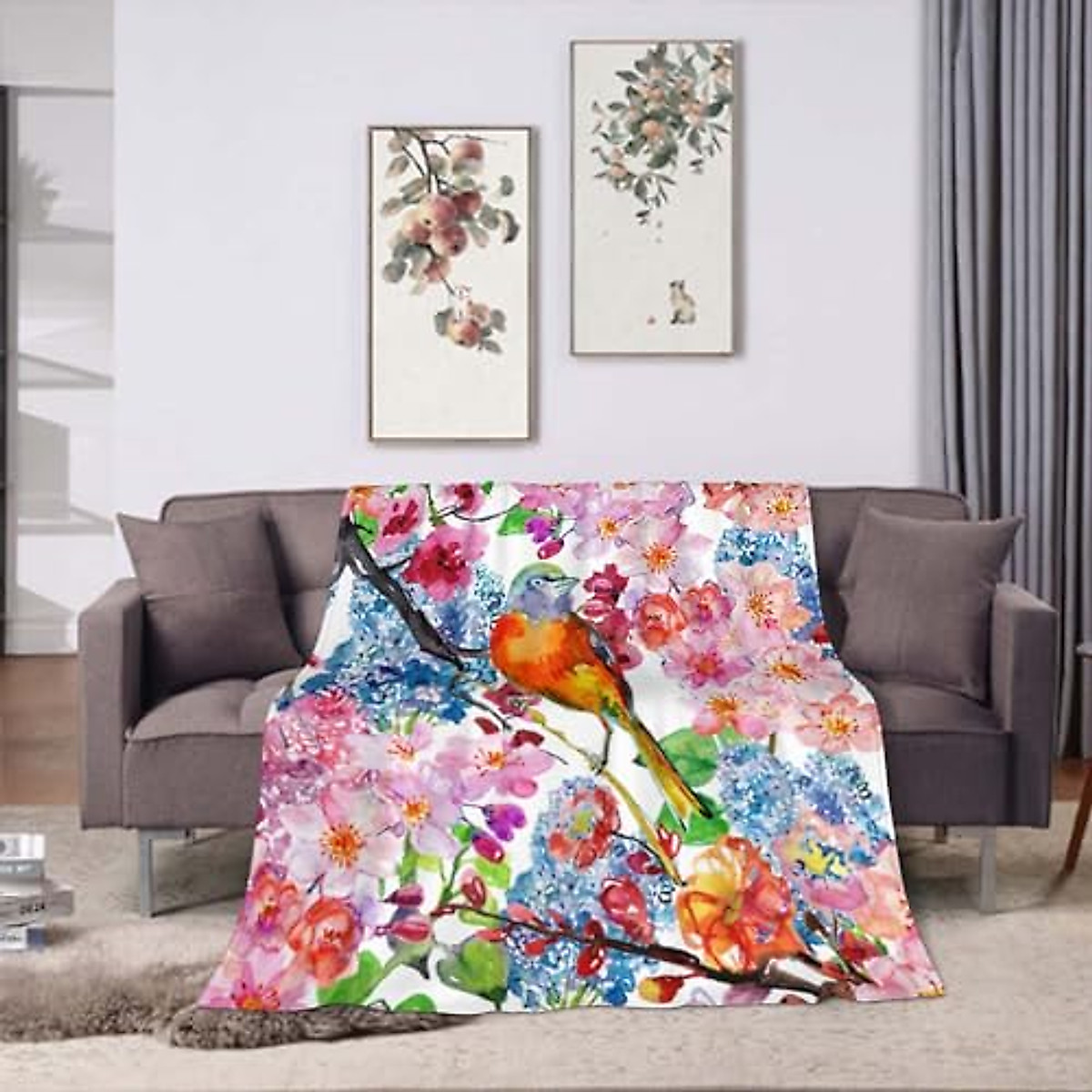Throw Blanket 60x80 Inch,Bird Blossom Plum Vintage Flannel Soft Cozy Fluffy Throw Blankets and Warm Throws for Adults in Couch Sofa Bed 80x60 Inch