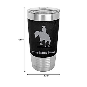 LaserGram 20oz Vacuum Insulated Tumbler Mug, Cowgirl Riding Horse, Personalized Engraving Included (Faux Leather, Black)