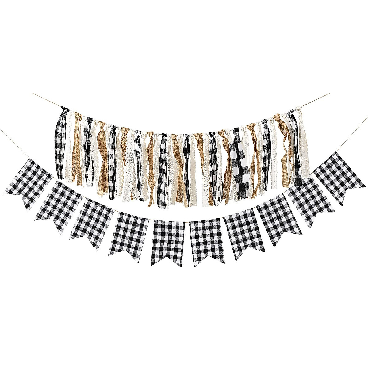 Whaline 2Pcs Christmas Buffalo Check Plaid Banner White Black Tassel Garland Lace Burlap Banner Rag Tie Banner Plaid Bunting Garland for Wedding Birthday Mantel Fireplace Wall Party Decoration