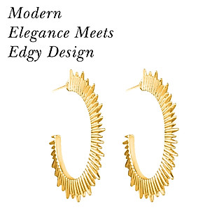 ALLISON ROSE ATELIER – Women’s Spike Earrings – 16k Gold Plated Open C Sun Hoop Earrings – Cool Earrings – Spike Hoops – Gold Boho Statement Earrings