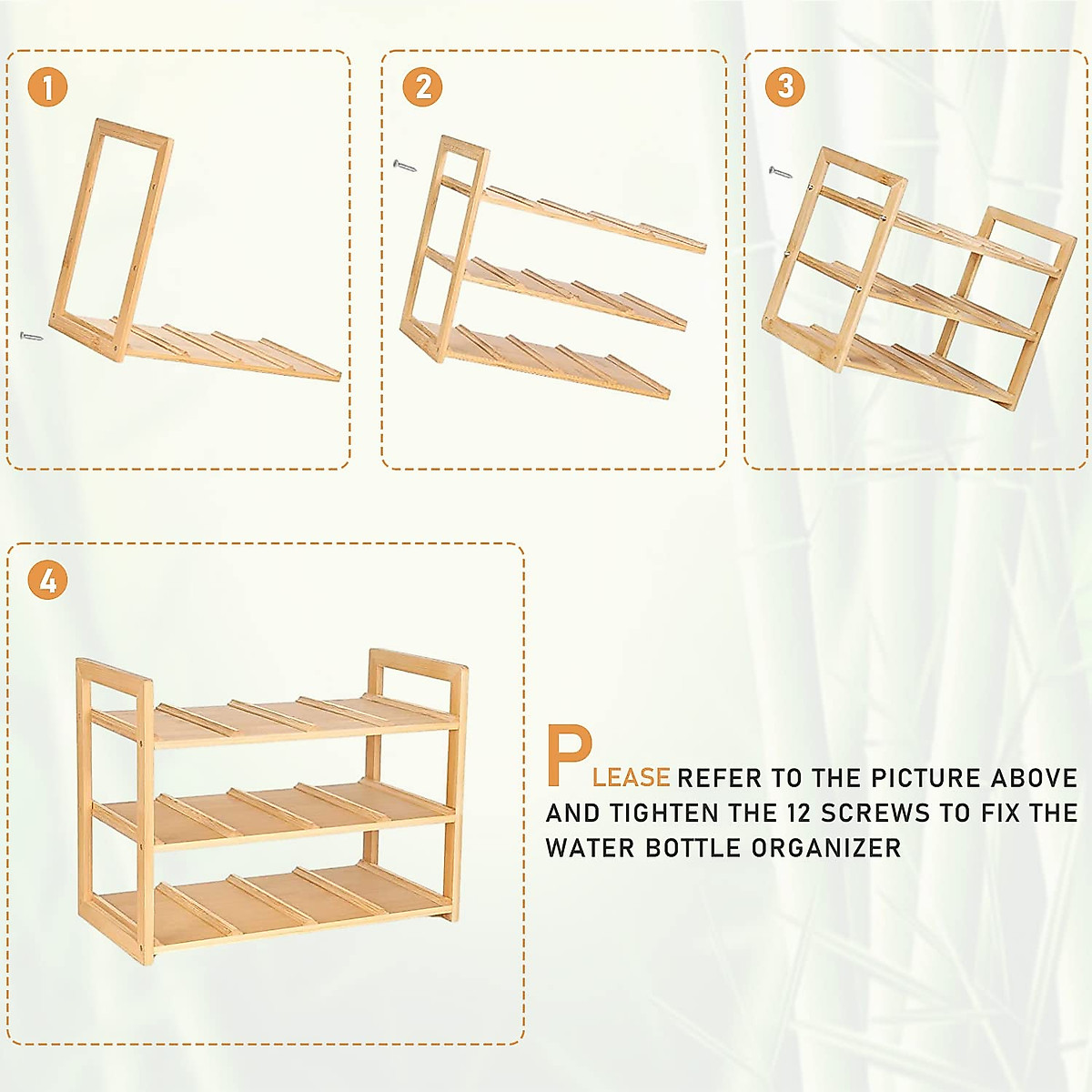 Meegoo Water Bottle Organizer, Bamboo Stackable Water Bottle Holder, 12 Freestanding Water Bottle Holder Rack, Storage for Cabinet Kitchen Countertops, Table Top, Pantry, Classroom, Yoga Room, Gym