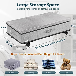 Supowin Under Bed Storage with Wheels, Rolling Underbed Storage Containers with Lids, Under Bed Shoe Storage Bins Organizer with Reinforced Metal Bottom Support and Three Handles, 2 Pack Grey