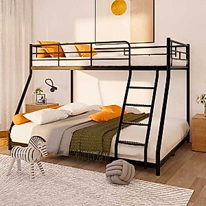 Majnesvon Heavy Duty Metal Bunk Bed Twin Over Full Size, Heavy Duty Floor Bunk Beds Frame with Enhanced Upper-Level Guardrail (Black)