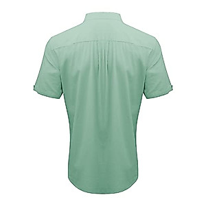 Men's Casual Summer Button Down Linen Shirts Short Sleeve Cotton Beach Tops with Pocket Green X-Large