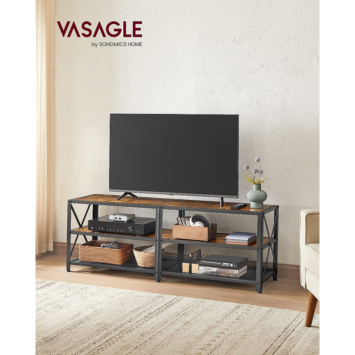 VASAGLE TV Stand, TV Console for TVs Up to 65 Inches, TV Table, 55.1 Inches Width, TV Cabinet with Storage Shelves, Steel Frame, for Living Room, Bedroom, Rustic Brown and Black ULTV094B01