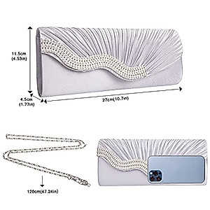 Larcenciel Clutch Purses for Women, Satin Pleated Evening Bag with Detachable Chain, Formal Glossy Envelope Clutch Handbag Shoulder Cross body Bag Bridal Clutch Wedding Clutch Prom Party Purse(Sliver)