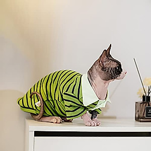 Sphynx Hairless Cat Clothes Autumn Waffle Stripe Lapel Polo Shirts Breathable Thicken Cotton T-Shirts with Sleeve Kitten Shirts Pet Clothes (M (6-7.7lbs), Black Green Polo)