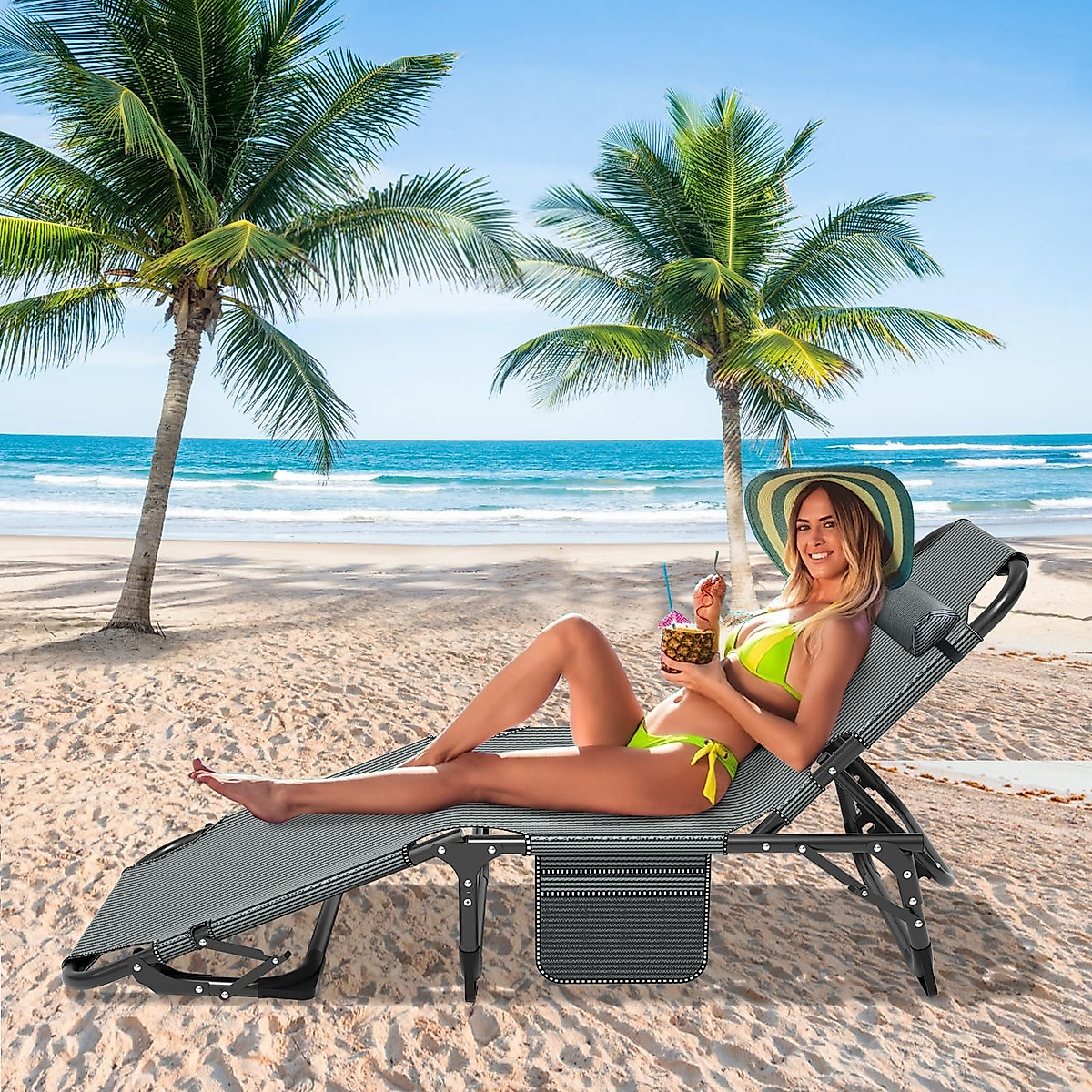 Slsy Folding Lounge Chairs Outdoor, Adjustable Sleeping Cot Chair, Portable Folding Bed Cot Chaise Lounge Chairs for Outside Beach Lawn Camping Pool Sun Tanning