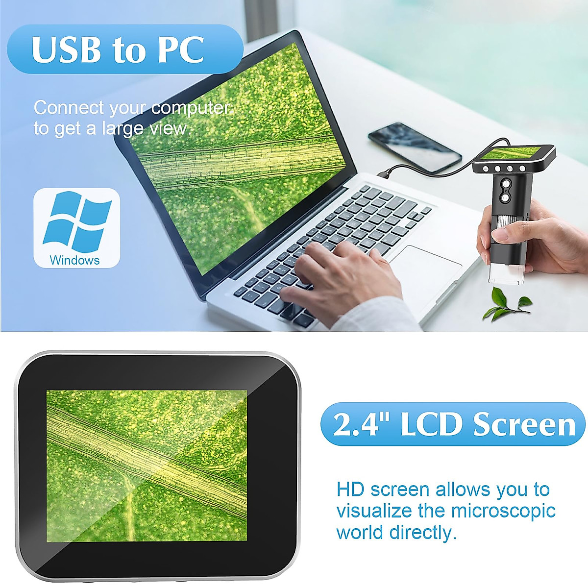 Kuaguozhe Handheld Digital Microscope with 900x Magnification, 2.4" LCD Screen, LED Light, Black Glass Body, USB Cable, 32GB SD Card and Sample Slides