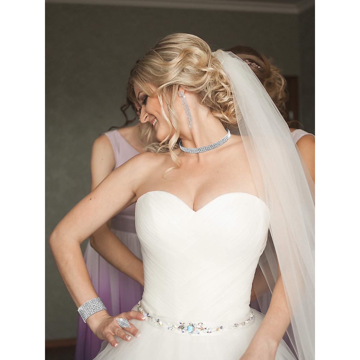 Women Rhinestone Stretch Bracelet Bangle Crystal Rhinestone Necklace Ring Dangle Fringe Earrings (Silver)