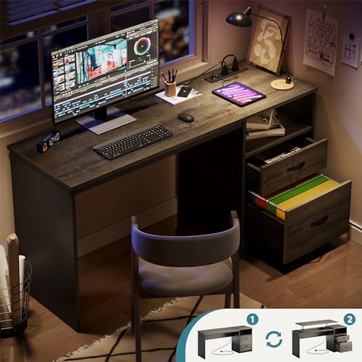 Bestier Lift Top Computer Desk with File Drawer, 60" Large Office Desk with Power Outlet USB Port Built in Writing Study Computer Table with Storage Workstation for Home Office Bedroom, Gray