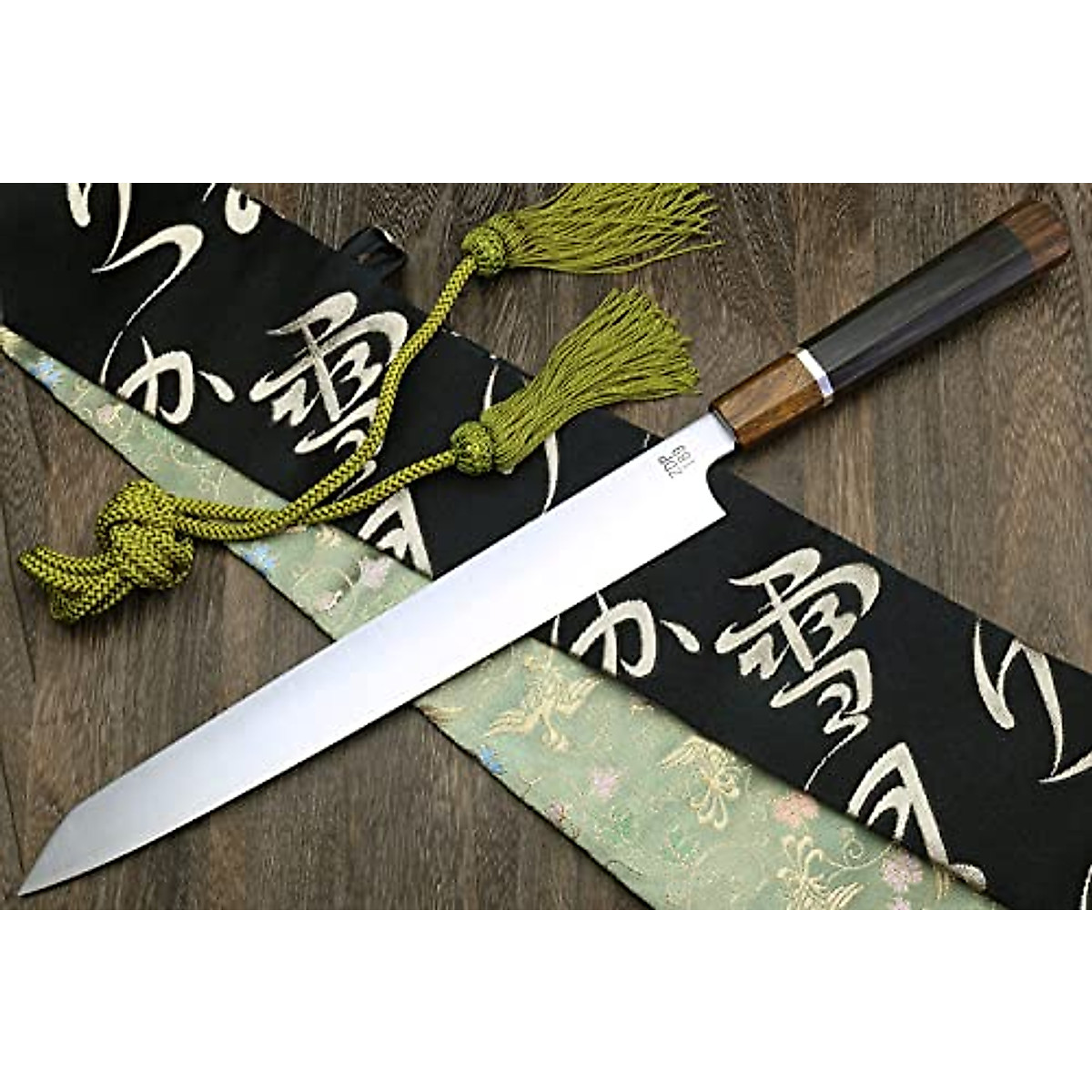 Yoshihiro TM-Hayate ZDP-189 Super High Carbon Stainless Steel Sujihiki Kiritsuke Knife Octagonal Ebony Wood Handle with Sterling Silver Ring (9.5" (240mm))