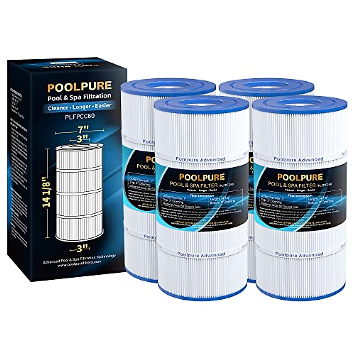 POOLPURE PLFPCC60 Pool Filter Replaces Pentair CCP240, PCC60, Ultral-A4, Unicel C-7469, R173572, 178569, Filbur FC-1975, Clean and Clear Plus 240, L x OD:14 1/8"x7", 4 X 60 sq. ft. Filter Cartridge