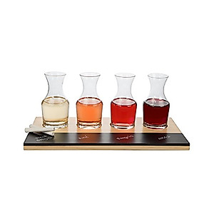 Wine Tasting Flight Sampler Set - Includes Four 6 oz Decanter Glasses and Wood Paddle with Chalkboard - Great for Spring Winery Tour Taste Testing, Perfect Housewarming, Wedding, and Mother's Day Gift