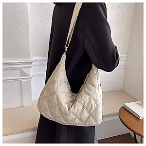 Quilted Bags For Women Crossbody Lightweight Padding Puffer Tote Bag Trendy Y2k Puffy Shoulder Bag Trendy Y2k Hobo Bag (Beige)
