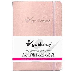 Goal Crazy Undated Planner - 90 Day Guided Journal, 2023 2024 Weekly Organization, Productivity Habit Tracker, Inspirational, Life Setting, Rose Gold, Pink Leather, Almond Pages