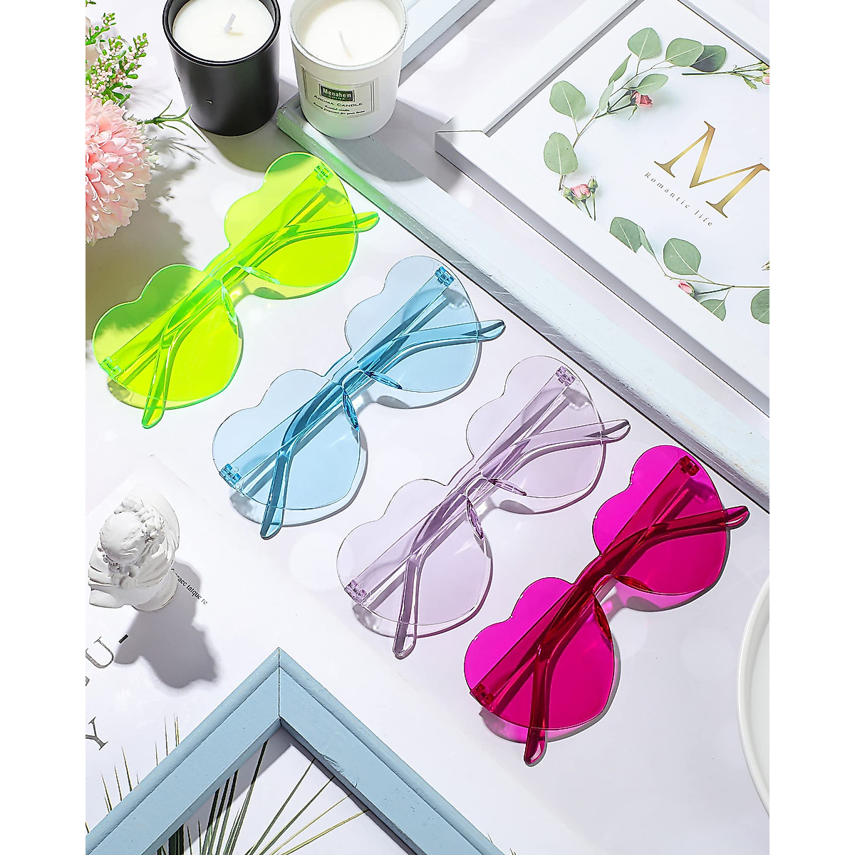 Colzzy 30 Pcs Heart Shaped Rimless Sunglasses Transparent Colorful Frameless Glasses Eyewear Bachelorette Party (Vivid Colors)