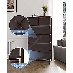 Crestlive Products Vertical Dresser Storage Tower - Sturdy Steel Frame, Wood Top, Easy Pull Fabric Bins, Wood Handles - Organizer Unit for Bedroom, Hallway, Entryway, Closets - 6 Drawers (Brown)
