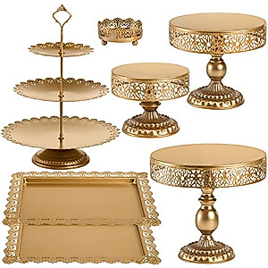 Lyellfe Set of 7 Gold Cake Stand, Metal Cake Stand Set for Dessert Table, Decorative Dessert Display Set for Birthday Party, Wedding, Afternoon Tea, Festival