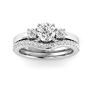 Near 1.00 Carat Diamond 14k Gold Engagement Ring Set For Women 3 Stone Bridal Ring Set 0.33cts Solitaire Round Diamond Pave Set Anniversary Wedding Bands (Color HI/Clarity I1-2) (white gold)