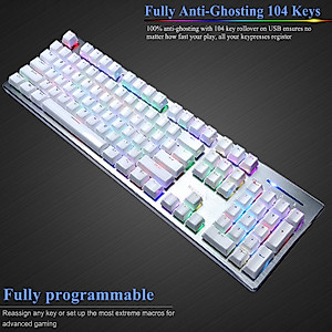 Rottay Rainbow Backlit Mechanical Keyboard, White Gaming Keyboard, Wired Computer Keyboard with Brown Switch and Aluminum Panel
