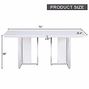 Goderfuu White Marble Dining Table for 8 People - 71 inch Modern Kitchen Dining Room Table with Silver Base, Faux Marble Dining Table Pedestal Table Dinner Table, Large Marble Table for Dining Room