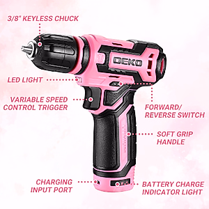 Cordless Drill：DEKOPRO 12V Power Drill Set with Pink Electric Drill with Tool Set Gift Box, Pink Drill Set for Women