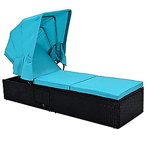 Merax Blue Outdoor Wicker Lounge Chaise with Cushions,Canopy and Cup Table Singe Pool Loungers Chairs Black, 1 Set