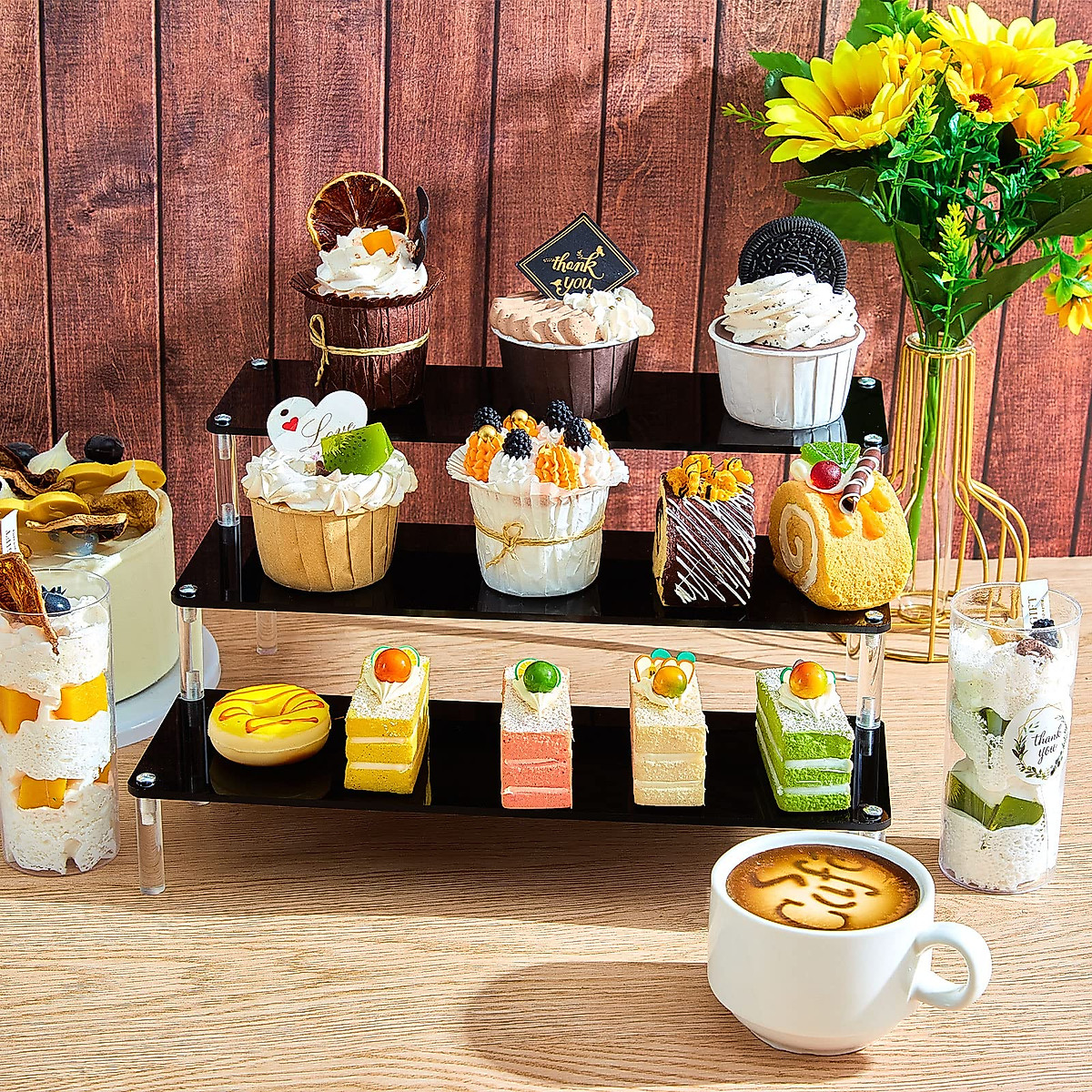 2 Packs Tiered Display Stand For Craft Shows Display Racks Acrylic Risers Black Display Shelves Vendors Cardboard Organizer Table For Products Collection Dessert Perfume Cologne Display(3 Tiers)