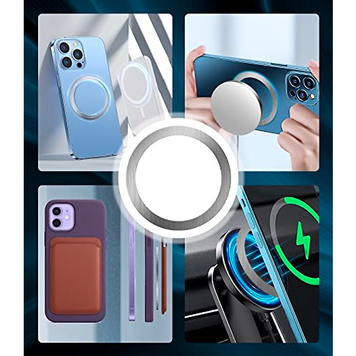 Cheukkee Adhesive Metal Ring Sticker,Mag Ring Circle Attachment for Phone Case,for Magsafe Magnetic Wireless Charging 6 Pack Compatible Cell Phone iPhone Pixel (Black+White+Gray+Sliver+Green+Purple)