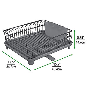 mDesign Large Metal Kitchen Countertop, Sink Dish Drying Rack - Removable Plastic Cutlery Tray, Drainboard with Adjustable Swivel Spout - 3 Pieces - Black/Charcoal Gray