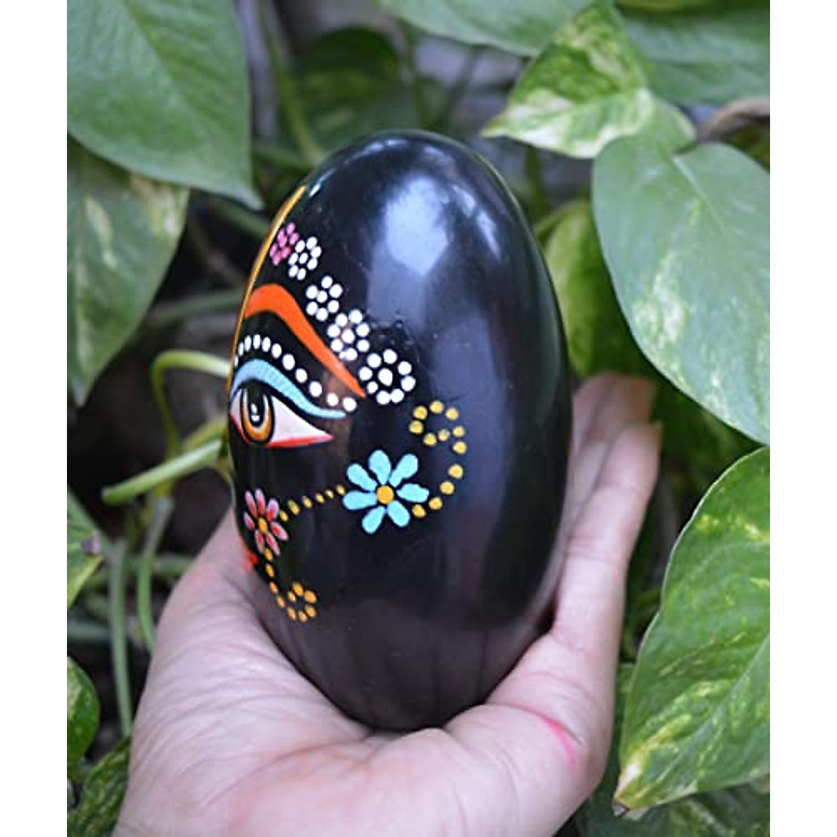 Laddu Gopal Shaligram Stone with Beautiful Design Painted on it Black~I-5574