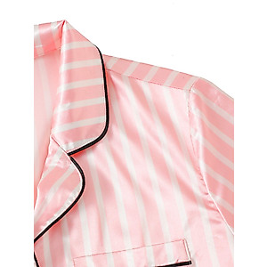 WDIRARA Women's Satin Sleepwear Short Sleeve Button Shirt and Shorts Pajama Set Silky PJ Striped Pink M